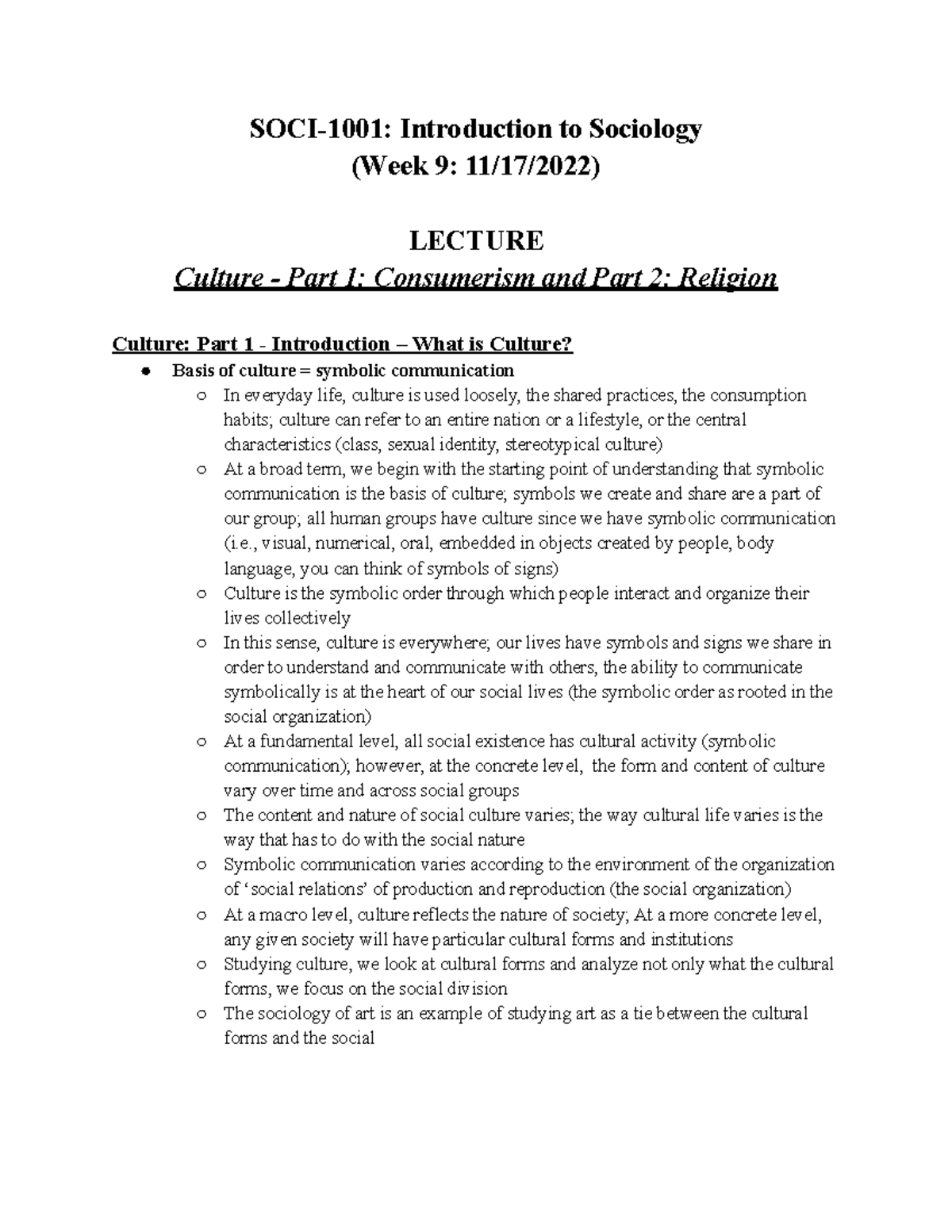 SOCI-1001 Week 9 - Culture - Part 1: Consumerism and Part 2: Religion ...