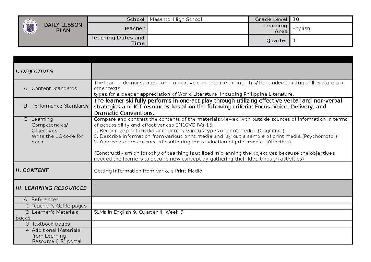 Compare AND Contrast - DAILY LESSON PLAN School Masantol High School ...