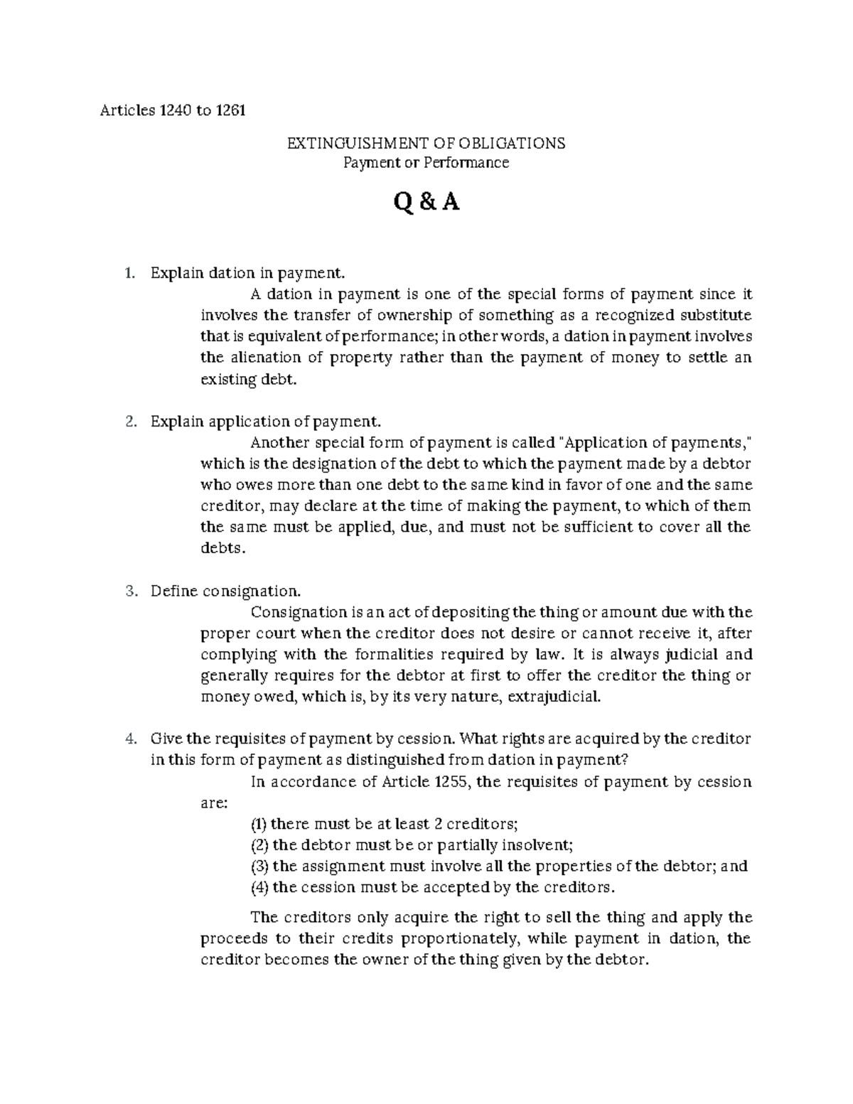 Oblicon - Payment - Answer - Articles 1240 to 1261 EXTINGUISHMENT OF ...