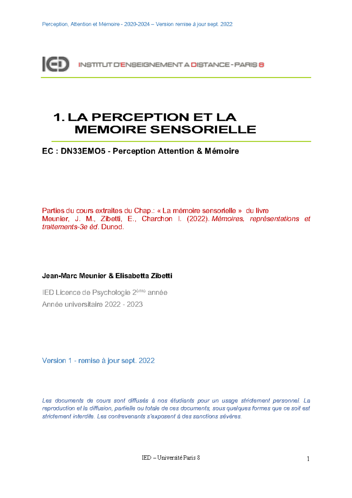 Cours perception - 1. LA PERCEPTION ET LA MEMOIRE SENSORIELLE EC ...