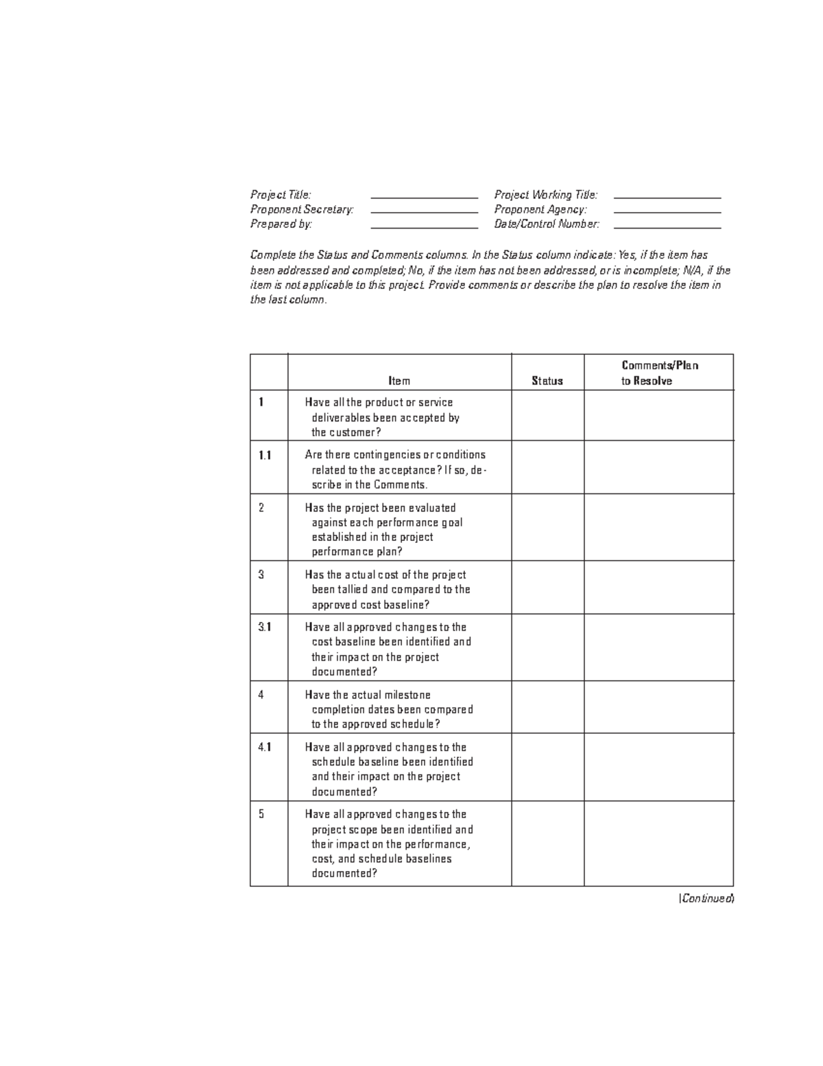 Close out checklist (HO) - Project Title: Project Working Title ...