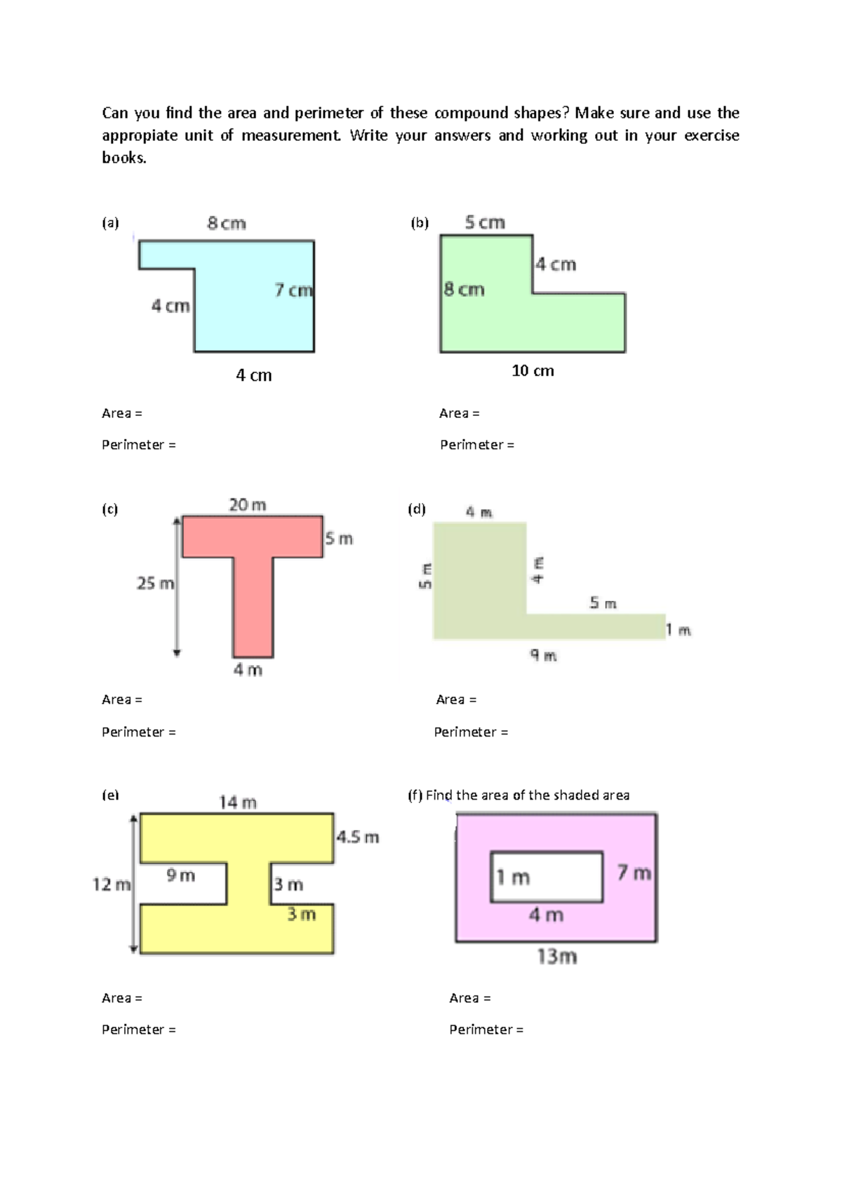 Common level - area and perimeter of these compound shapes worksheet ...