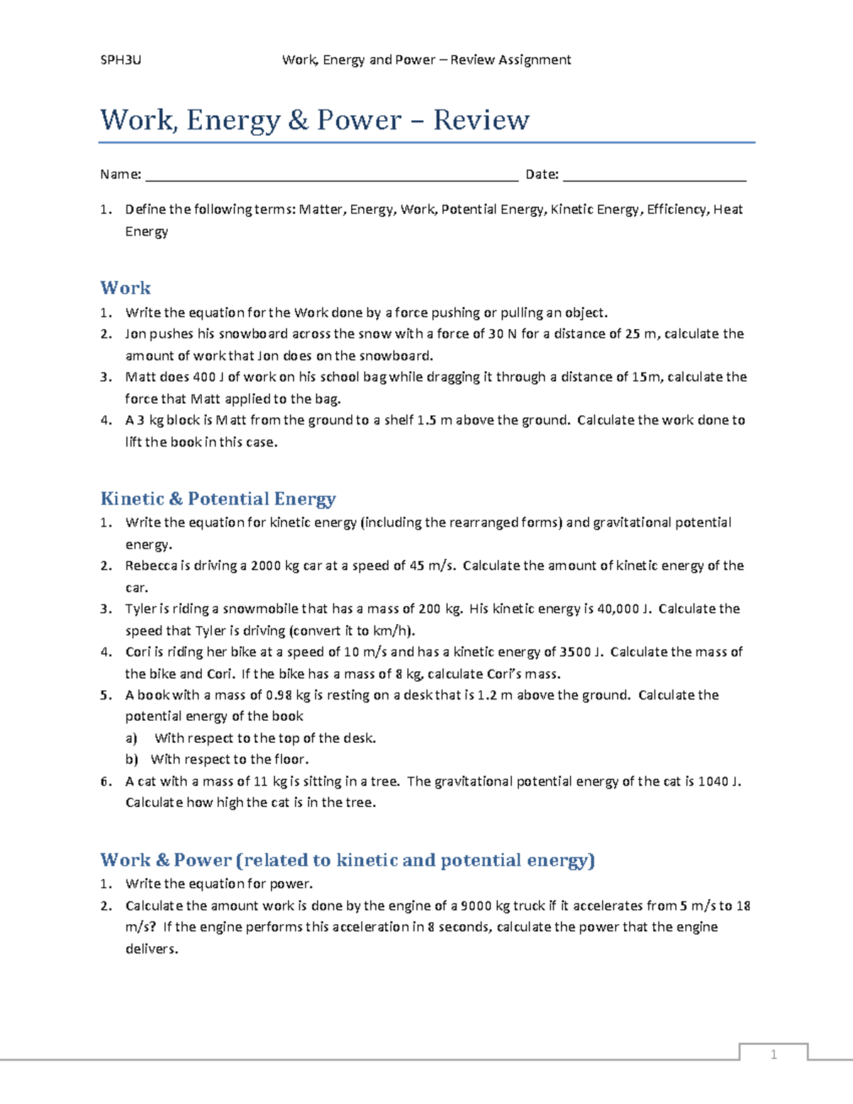 Work energy power review - SPH3U Work, Energy and Power – Review ...