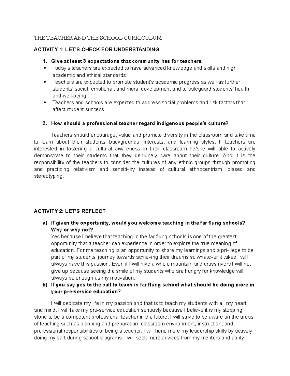 THE Teacher AND THE School Curriculum Activities AND Assignment - THE ...