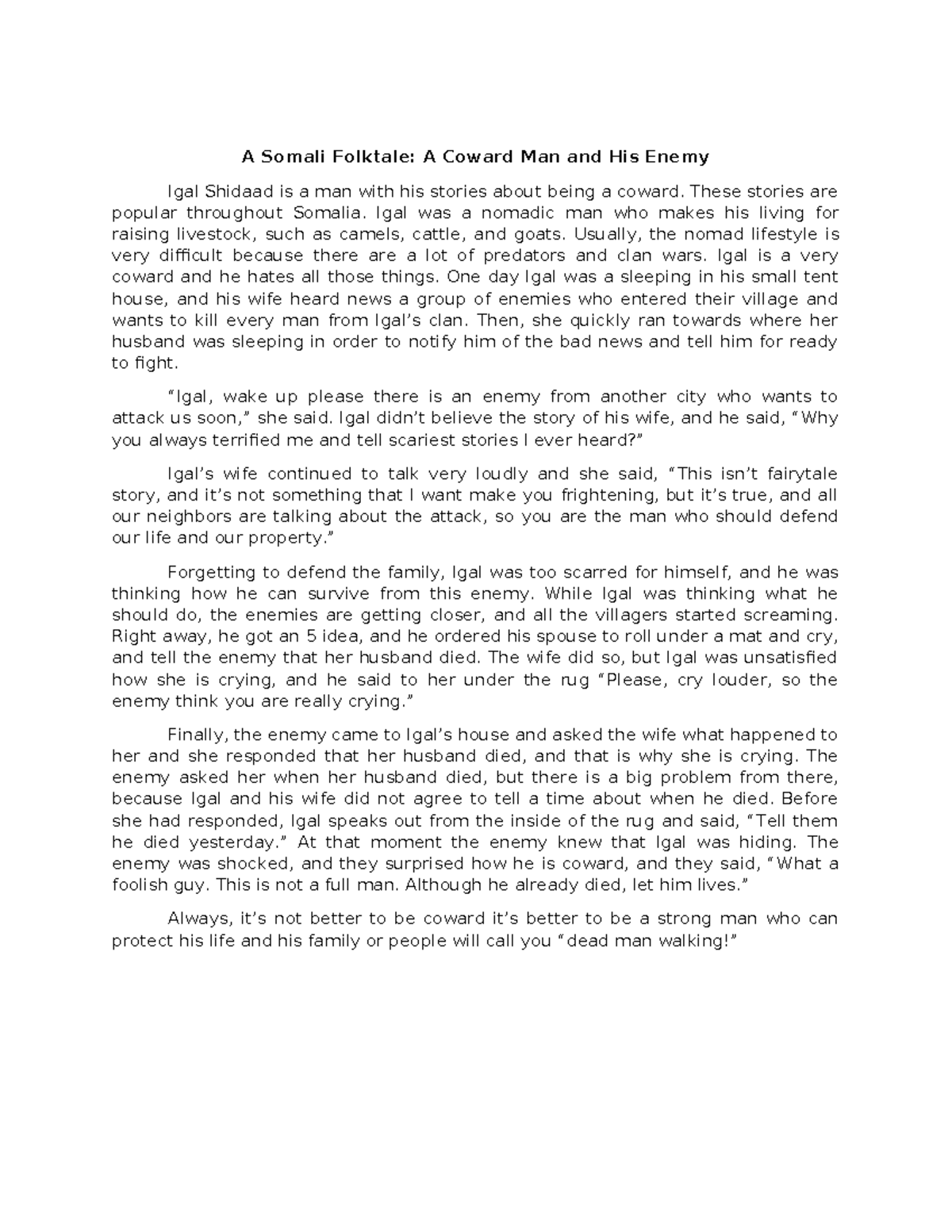 A Somali Folktale - knosifnsdnvdnmfls - A Somali Folktale: A Coward Man ...