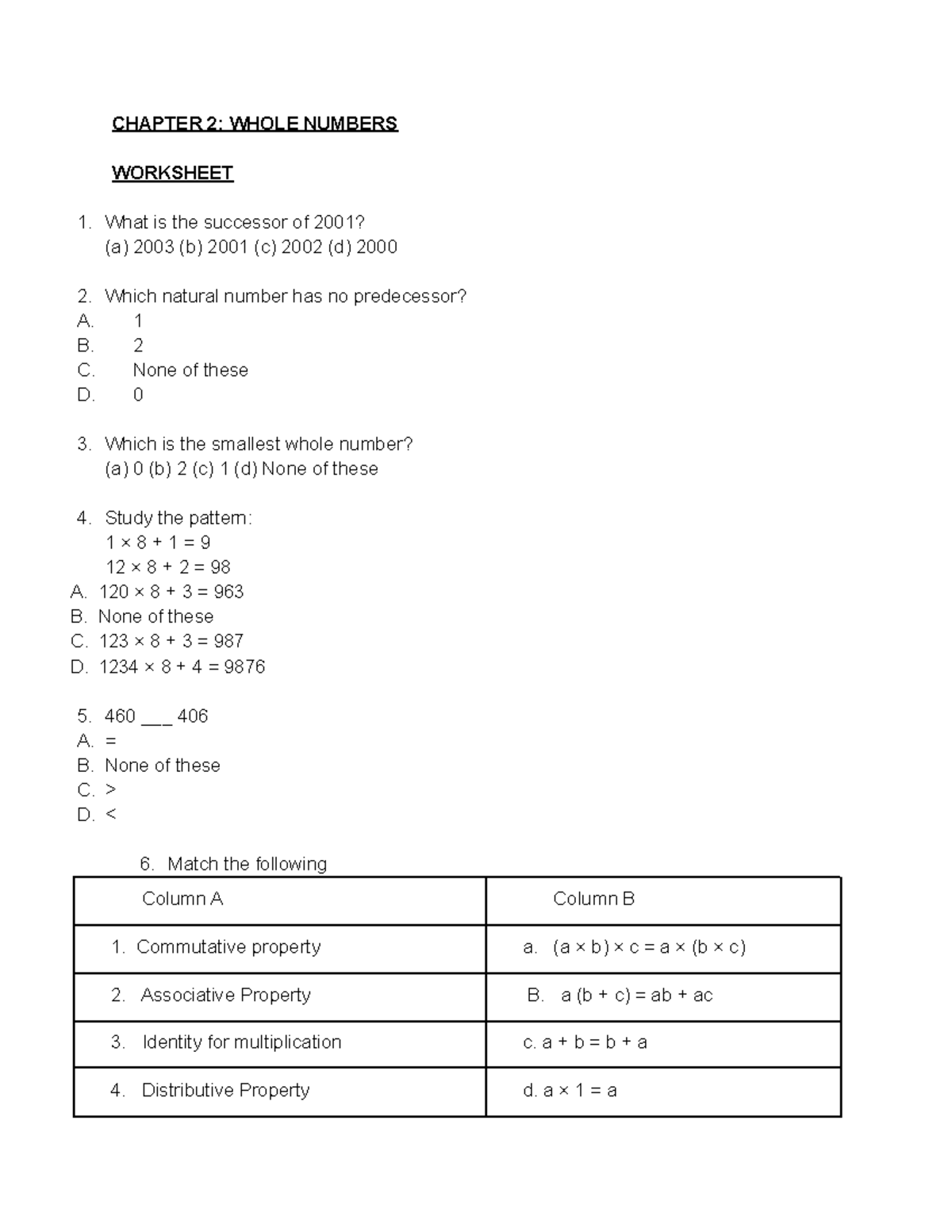 Chapter 2 Whole Numbers Worksheet Questions - CHAPTER 2: WHOLE NUMBERS ...