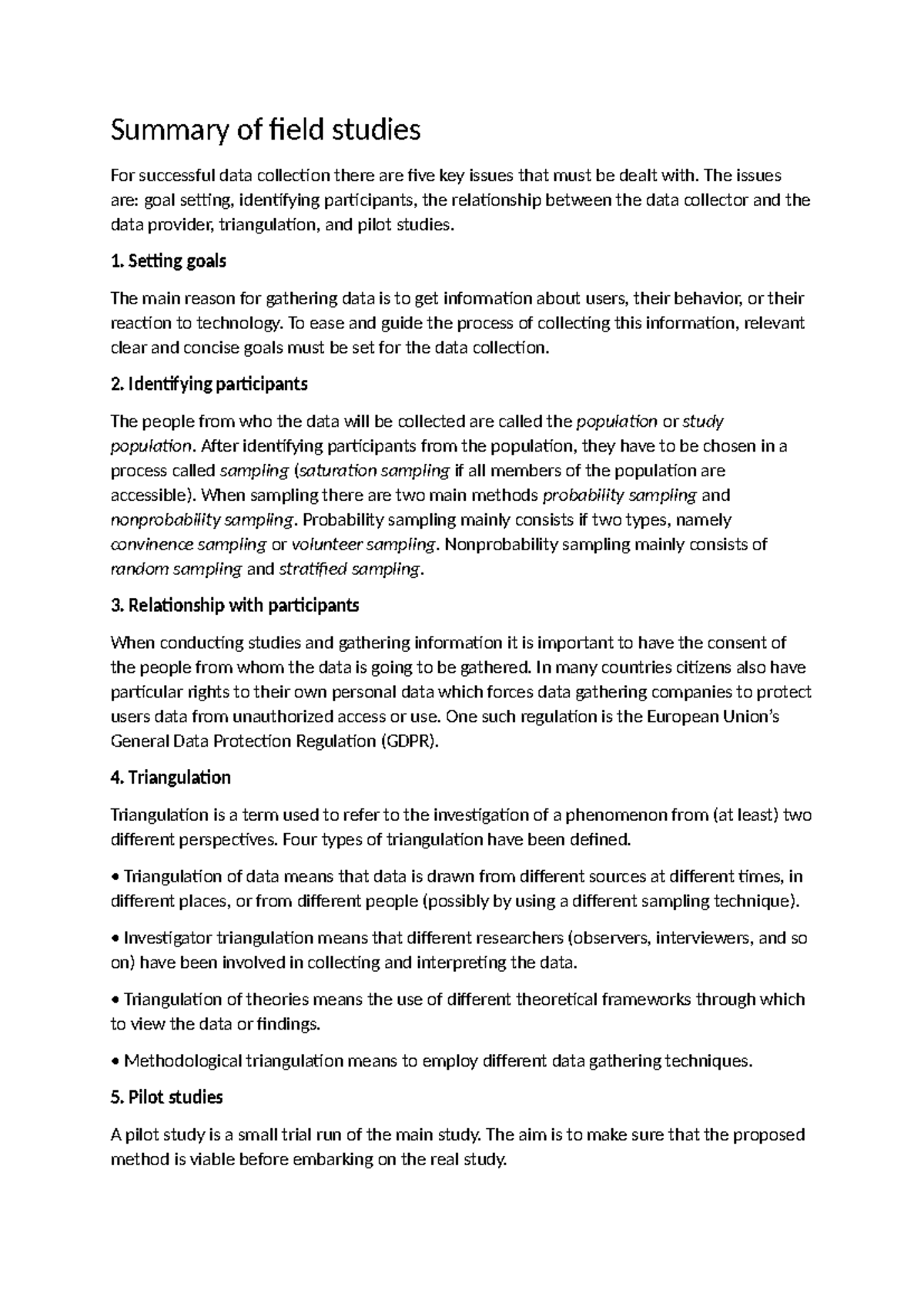 Summary of Field Studies - Summary of field studies For successful data ...