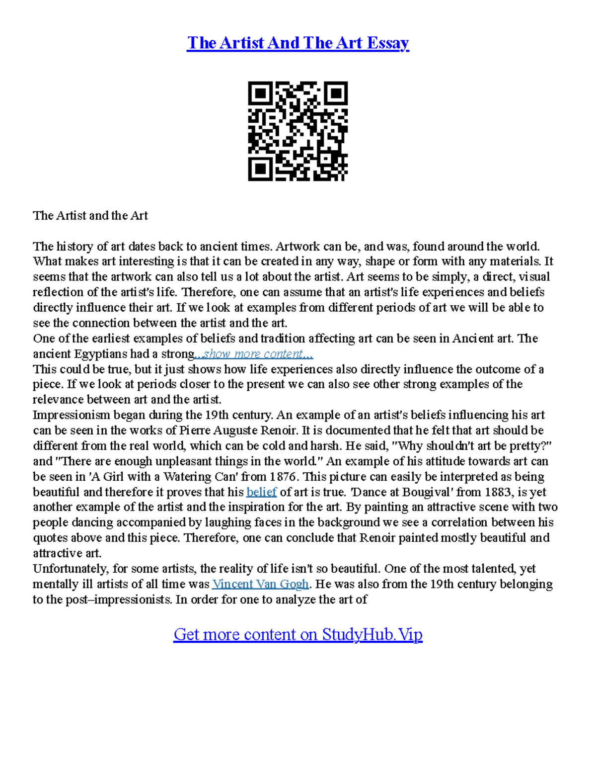 Art Essay Examples - The Artist And The Art Essay The Artist and the ...