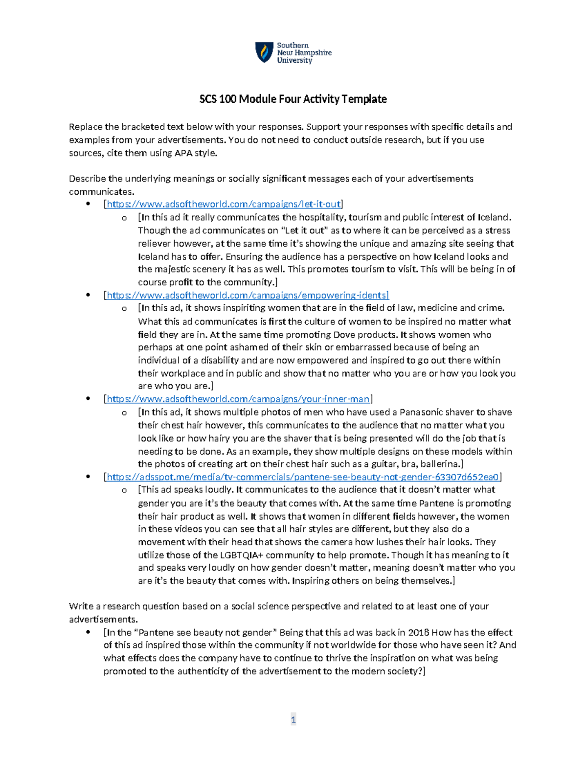 SCS 100 Module Four Activity Template - SCS 100 Module Four Activity Template Replace the ...