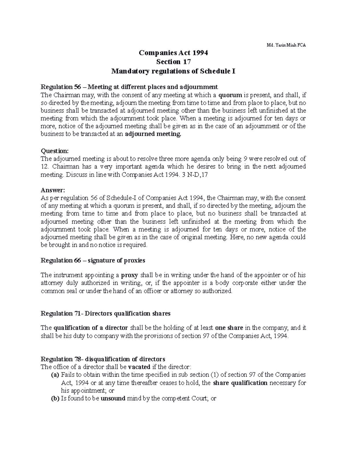 Schedule - I - Lecture Notes - Md. Yasin Miah FCA Companies Act 1994 ...