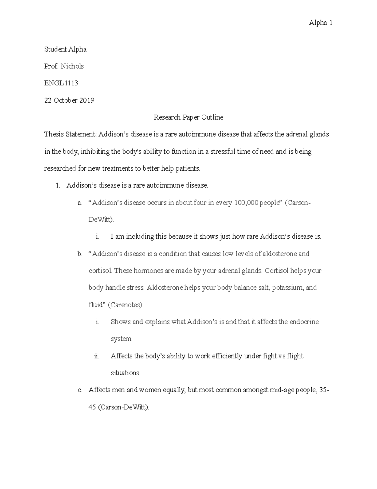 Example outline ENGL1113 - Student Alpha Prof. Nichols ENGL 22 October ...