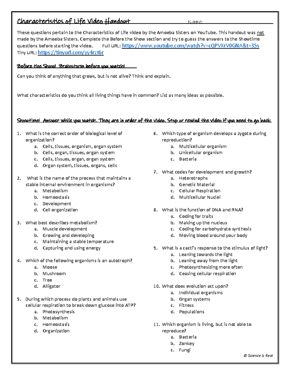 Characteristics of Life AS Video Handout - © Science Is Real Characteristics of Life Video ...