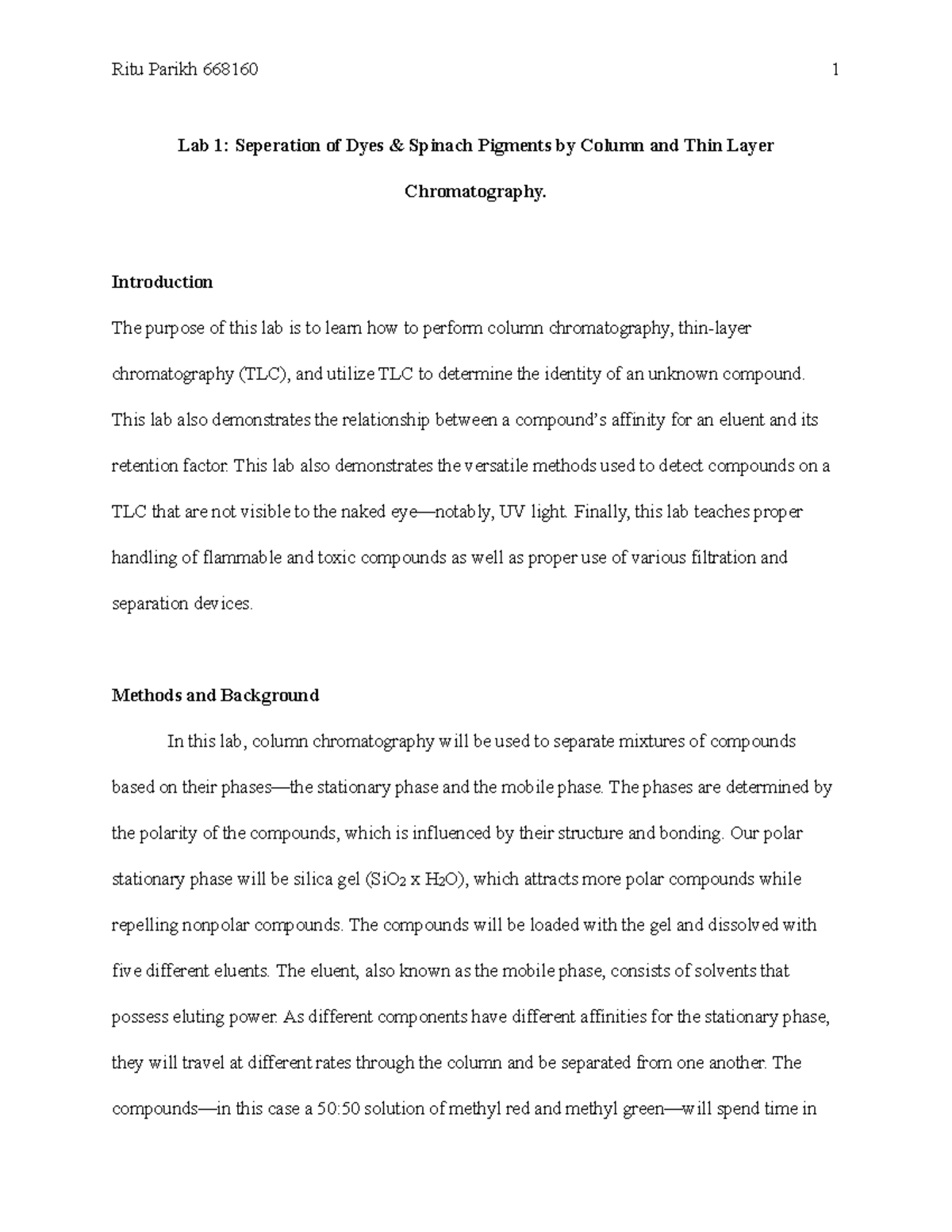 233 Lab 1-Spinach Leaf chromatography and TLC - Lab 1: Seperation of ...