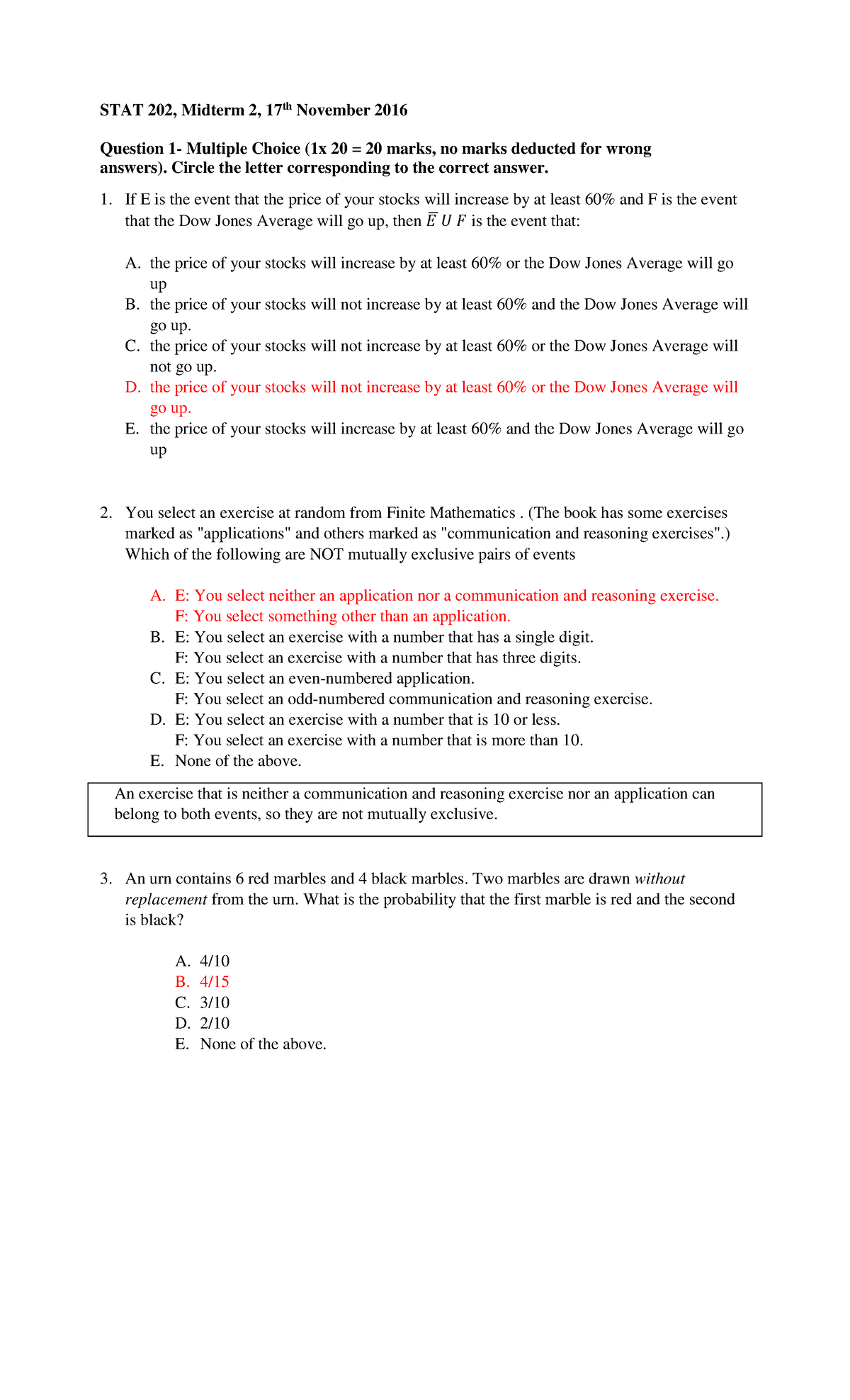 Midterm test 2 12 May 2016, answers - STAT 202, Midterm 2, 17th ...