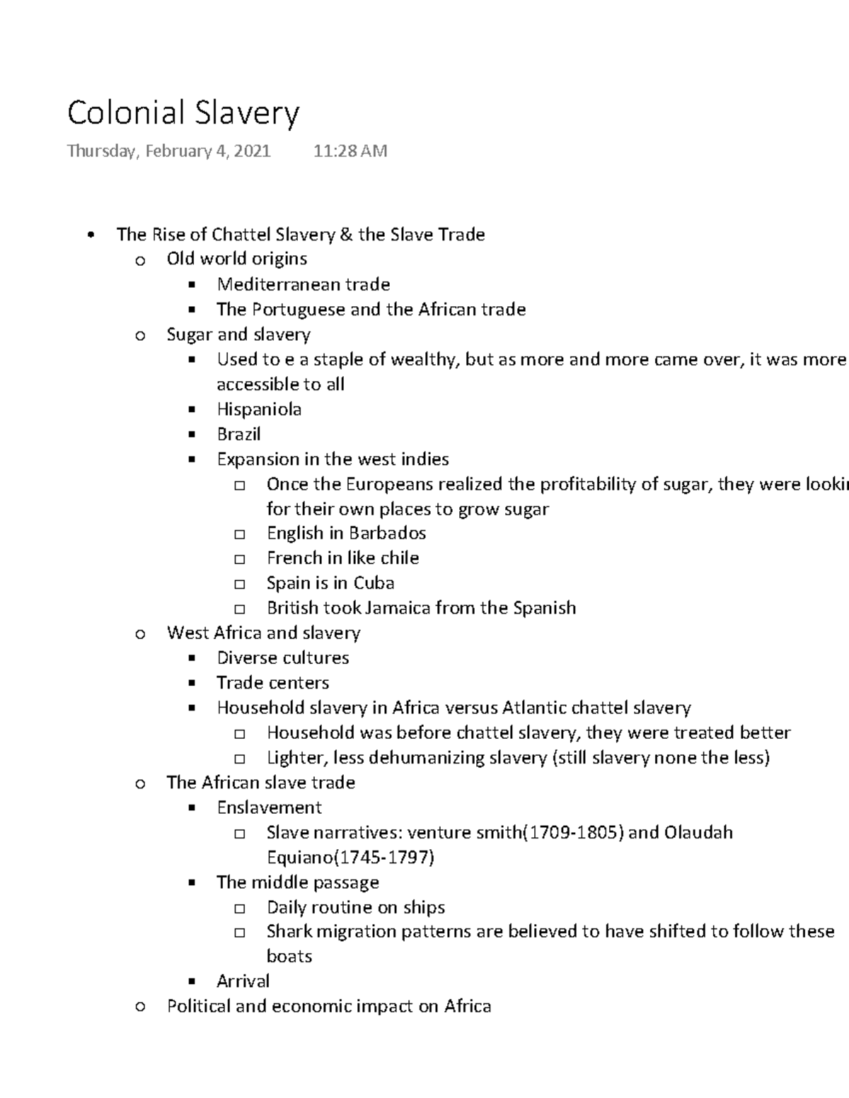 Colonial Slavery - Lecture notes 4 - The Rise of Chattel Slavery & the ...