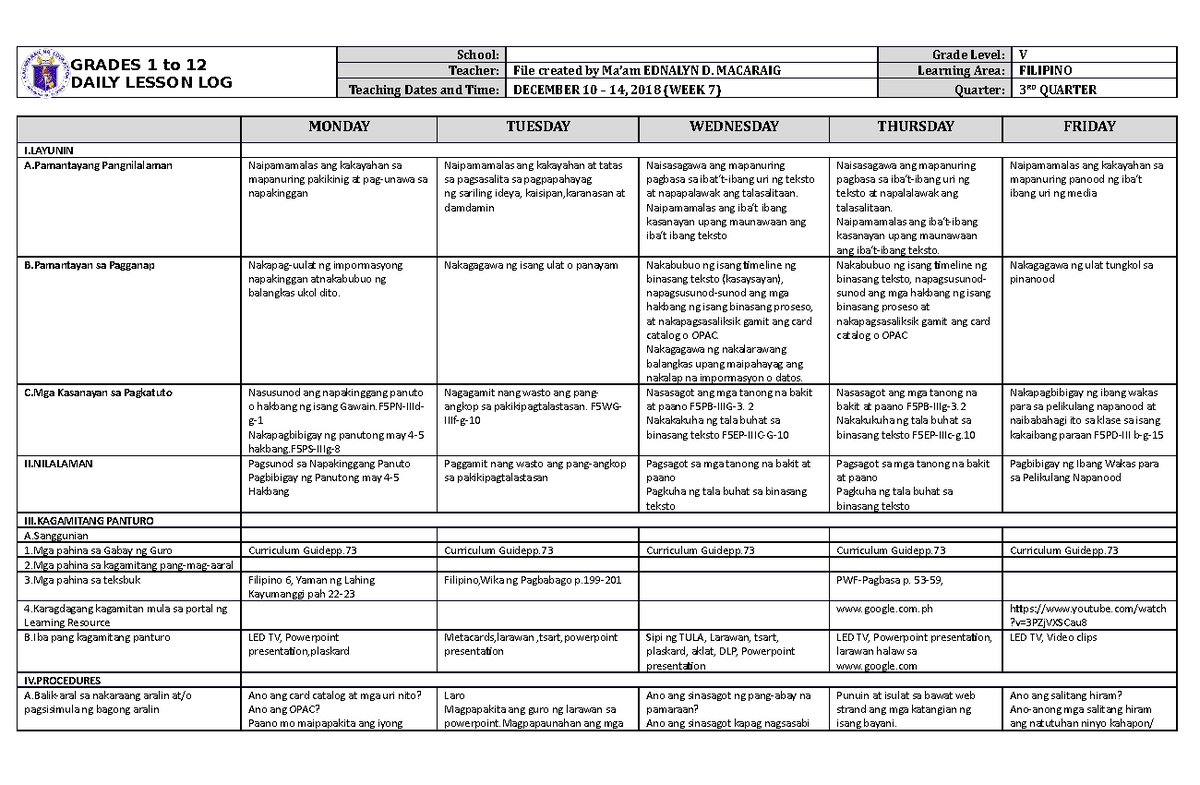 DLL Quarter 3 Week 7 Filipino 5 - GRADES 1 to 12 DAILY LESSON LOG School: Grade Level: V Teacher ...