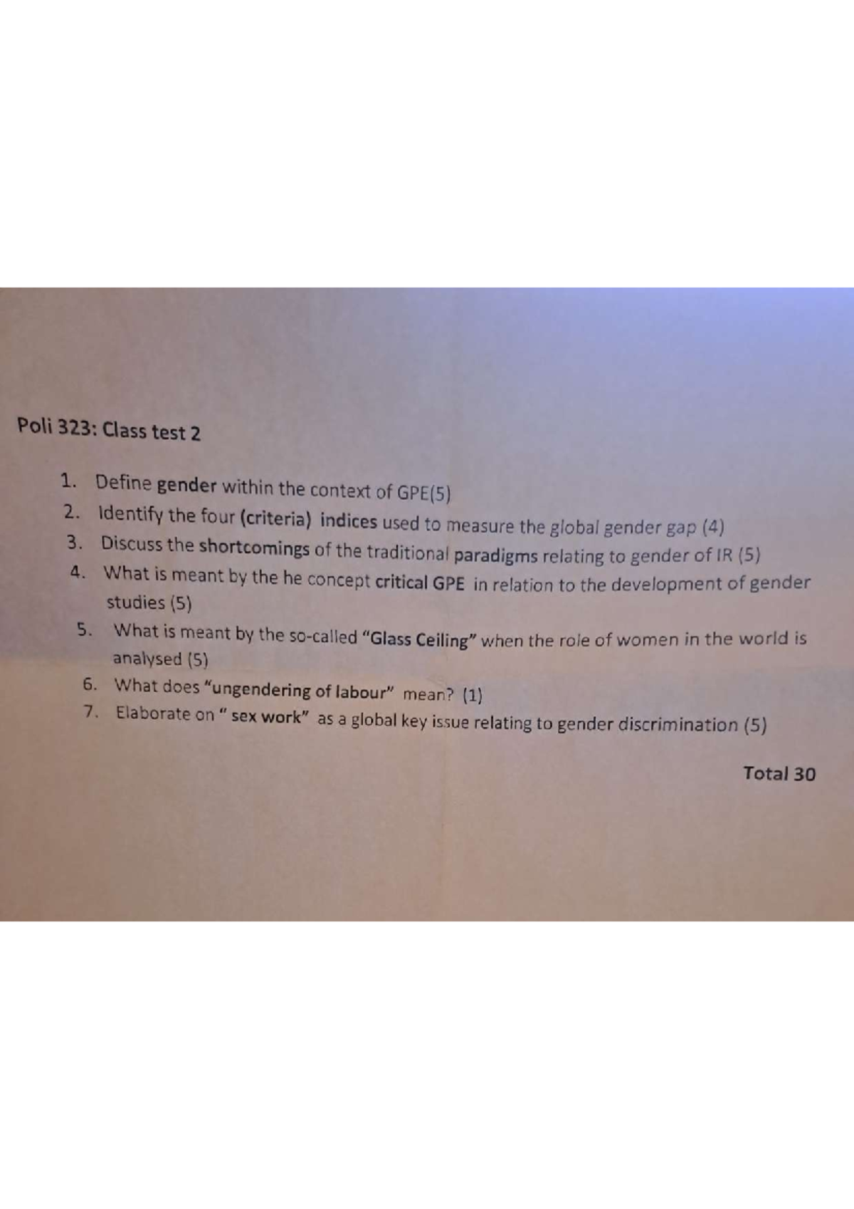 Poli 323 2 - Class Test 2 - Poli 323: Class test 2 1. Define gender ...