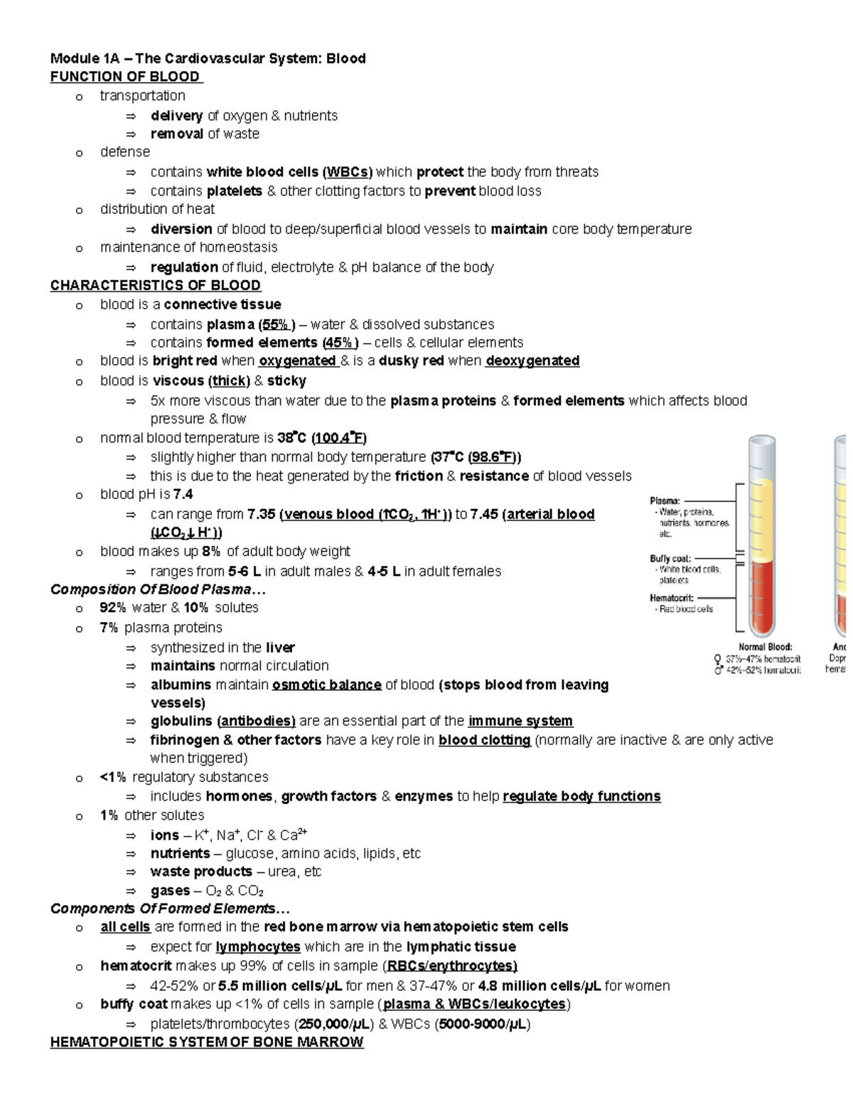 M1A - Blood - lecture notes - Module 1A – The Cardiovascular System ...