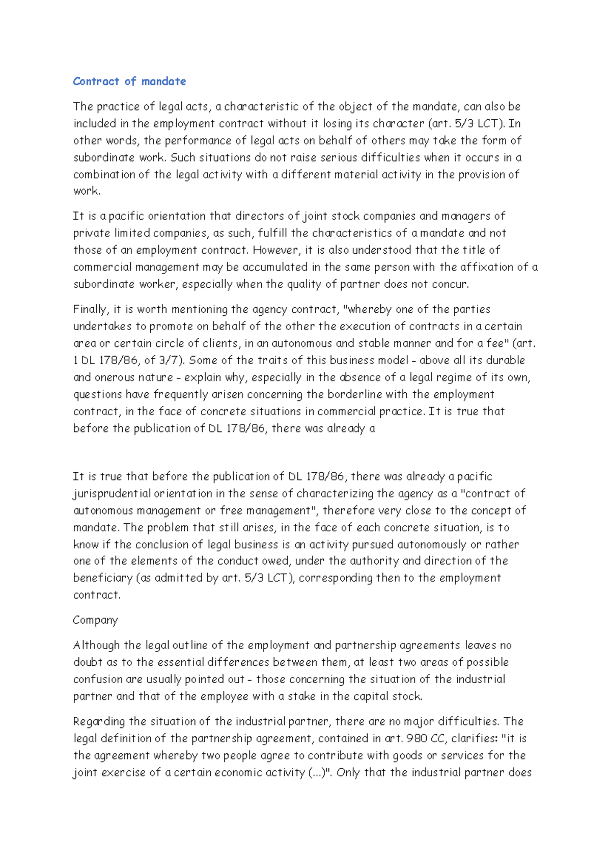 Contract of mandate 9 - Summaries Labor law University of Memphis ...