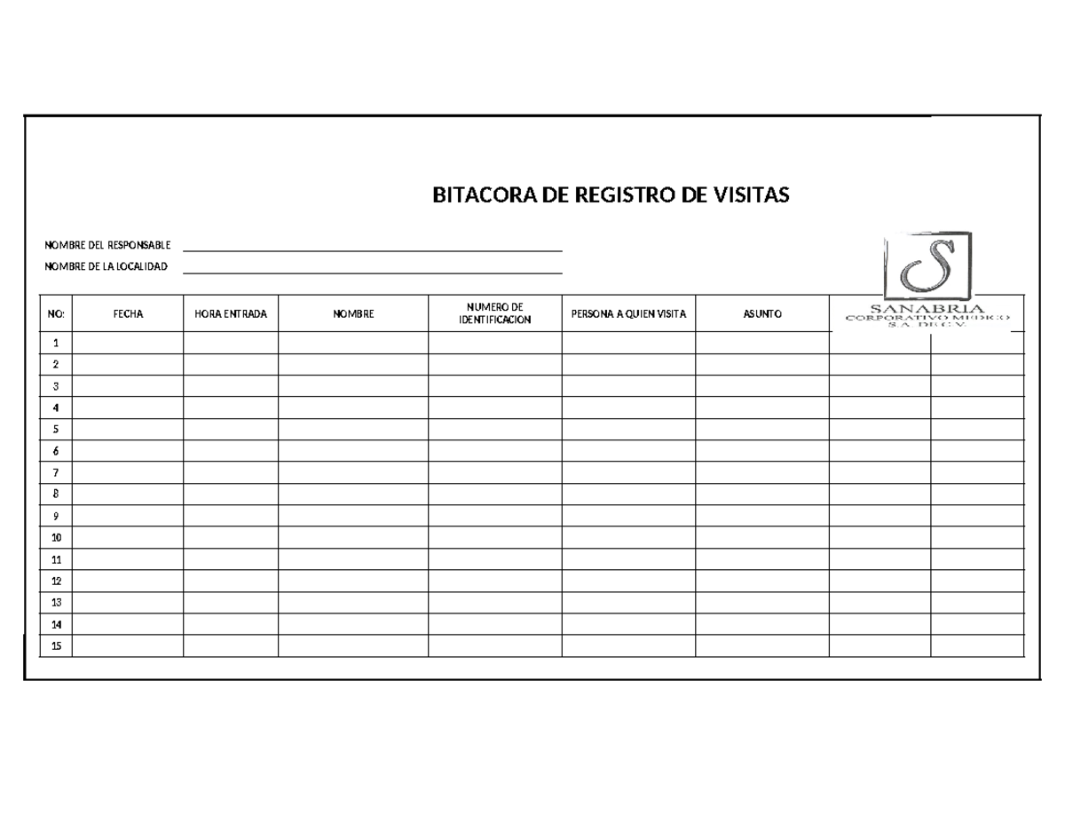 Bitacora DE Registro DE Visitas - administracion de empresas - BITACORA ...