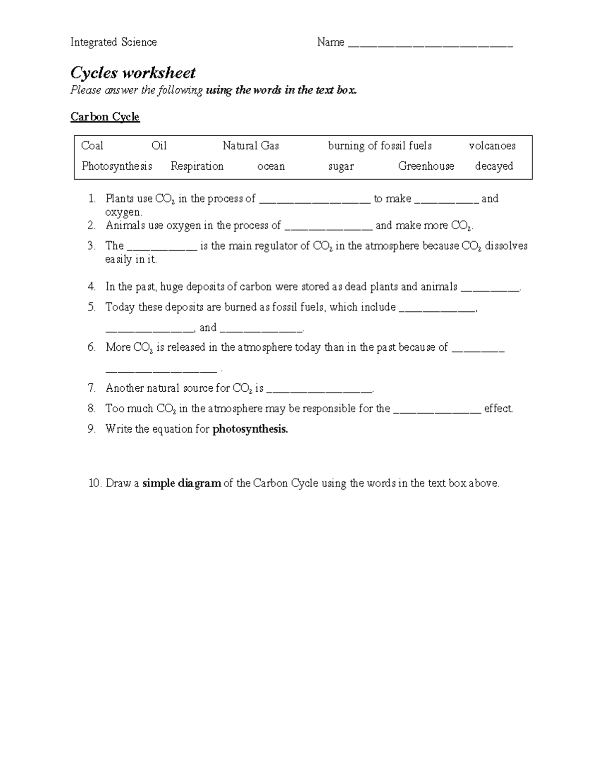 Cycles worksheet - Hand out - Integrated Science Name ...