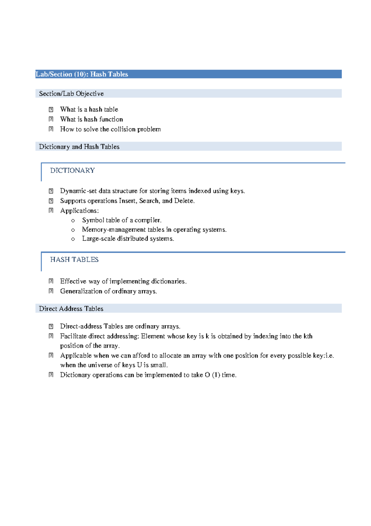 Introduction To Hashing Labsection 10 Hash Tables Sectionlab Objective What Is A Hash