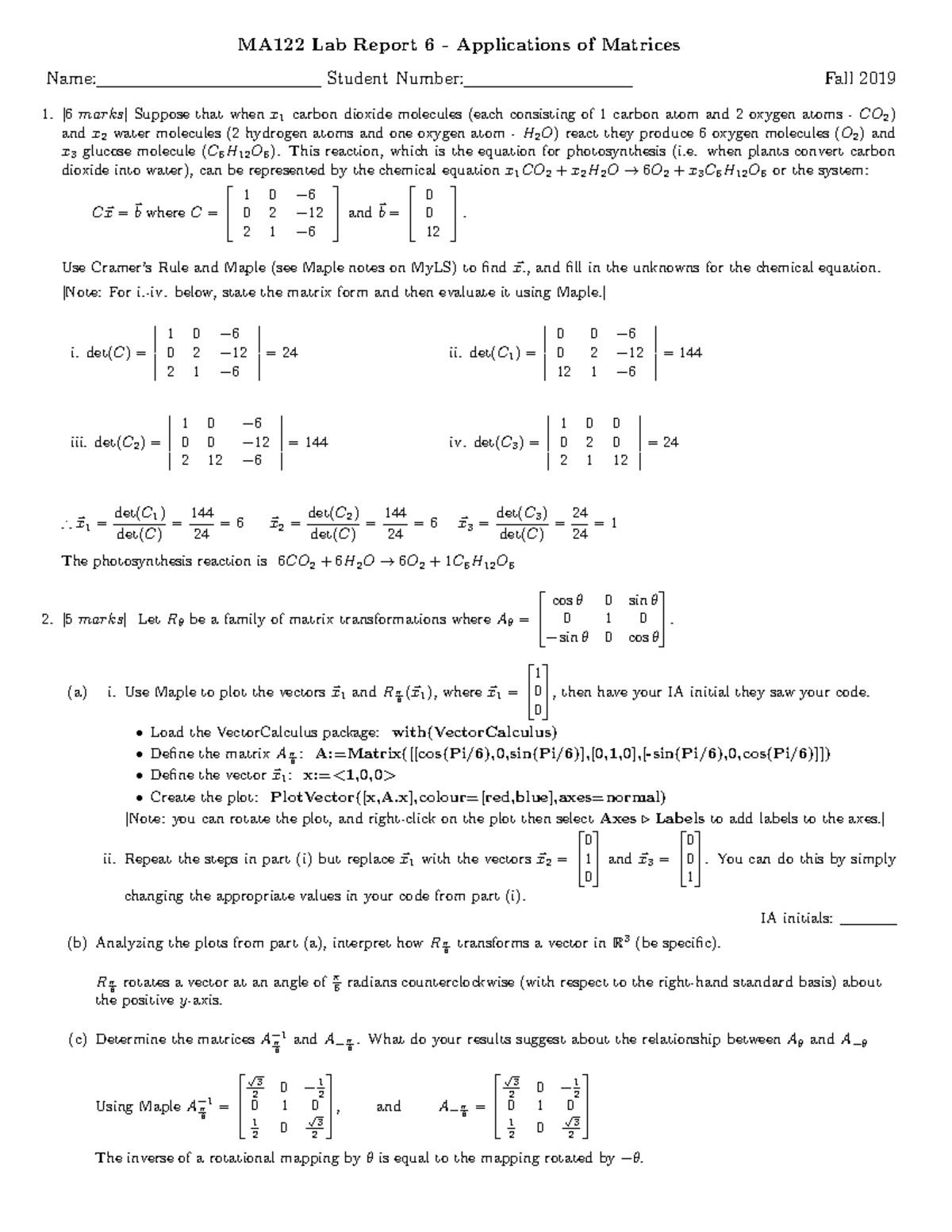 Assignment Lab 6Soln - MA122 Lab Report 6 - Applications of Matrices ...