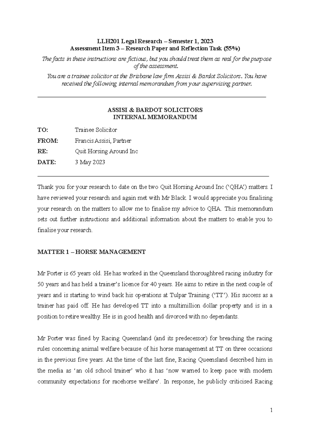 Task Sheet Assessment 3 - LLH201 Legal Research – Semester 1, 2023 Assessment Item 3 – Research ...