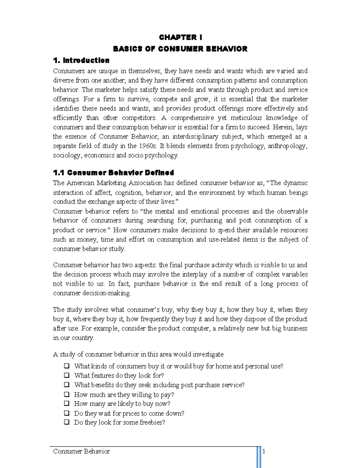 Chapter #1 - handout - CHAPTER I BASICS OF CONSUMER BEHAVIOR ...