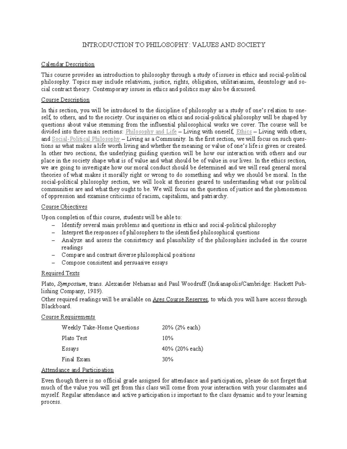 Introduction to Philosophy T - INTRODUCTION TO PHILOSOPHY: VALUES AND ...