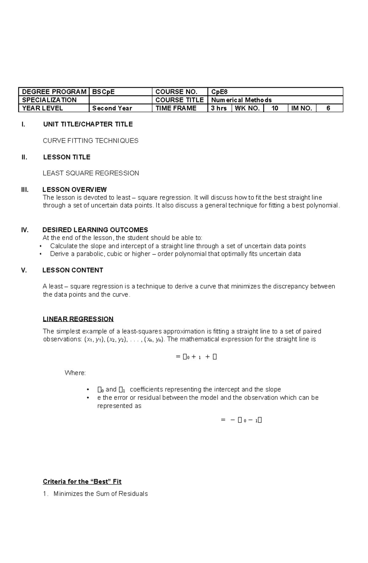 Final Term 1 Numericals - DEGREE PROGRAM BSCpE COURSE NO. CpE ...