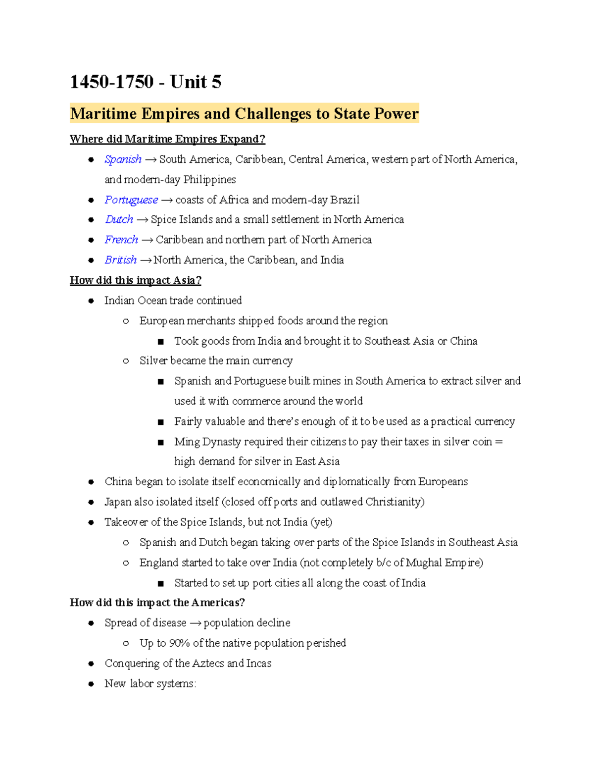World History Unit 5 Notes - 1450-1750 - Unit 5 Maritime Empires and ...