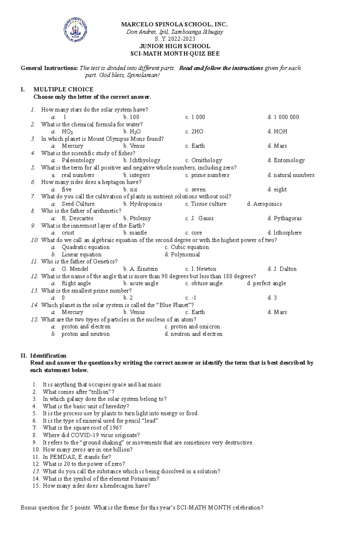 QUIZ BEE Round 1 - summative - MARCELO SPINOLA SCHOOL, INC. Don Andres ...