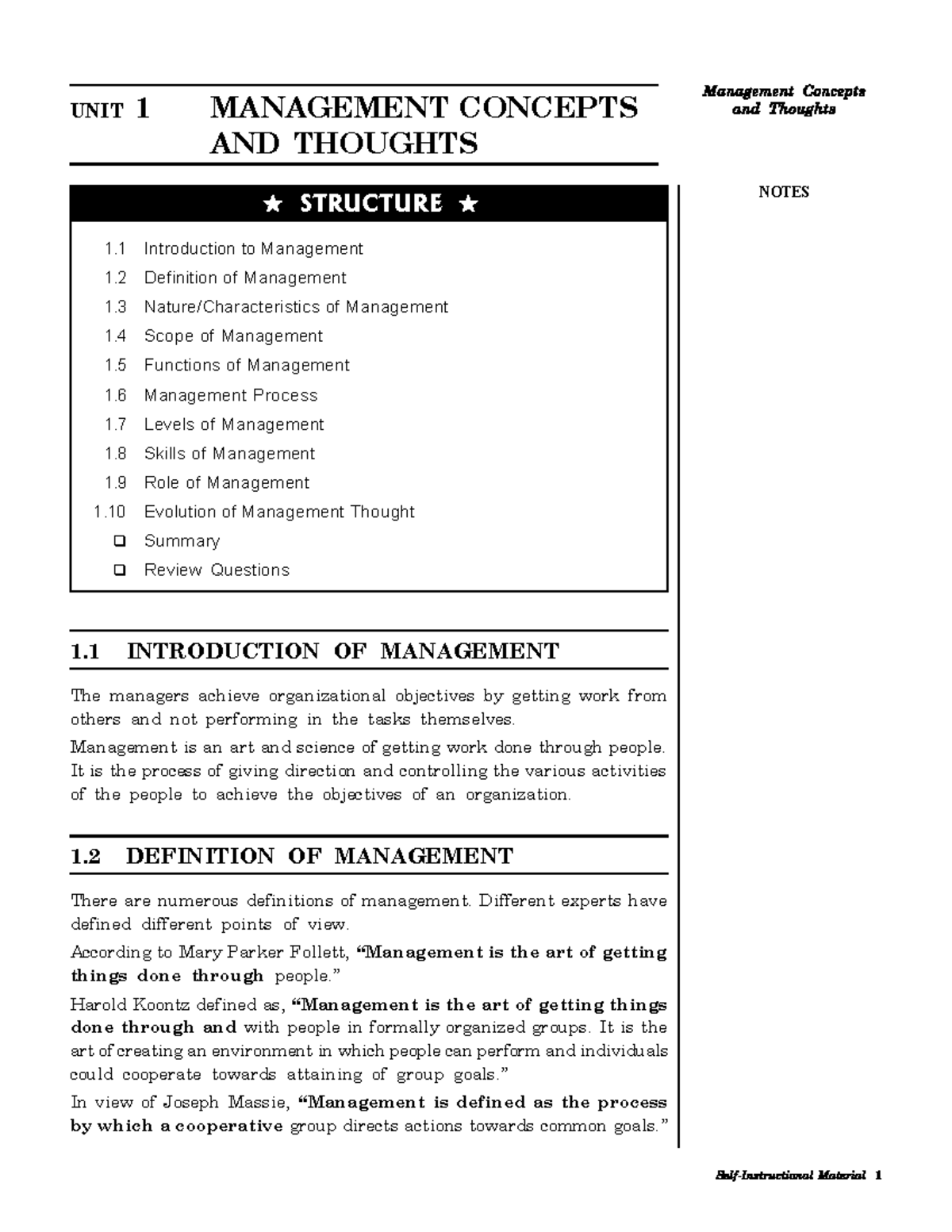 Management concepts and thoughts - NOTES STRUCTURE 1 Introduction to ...