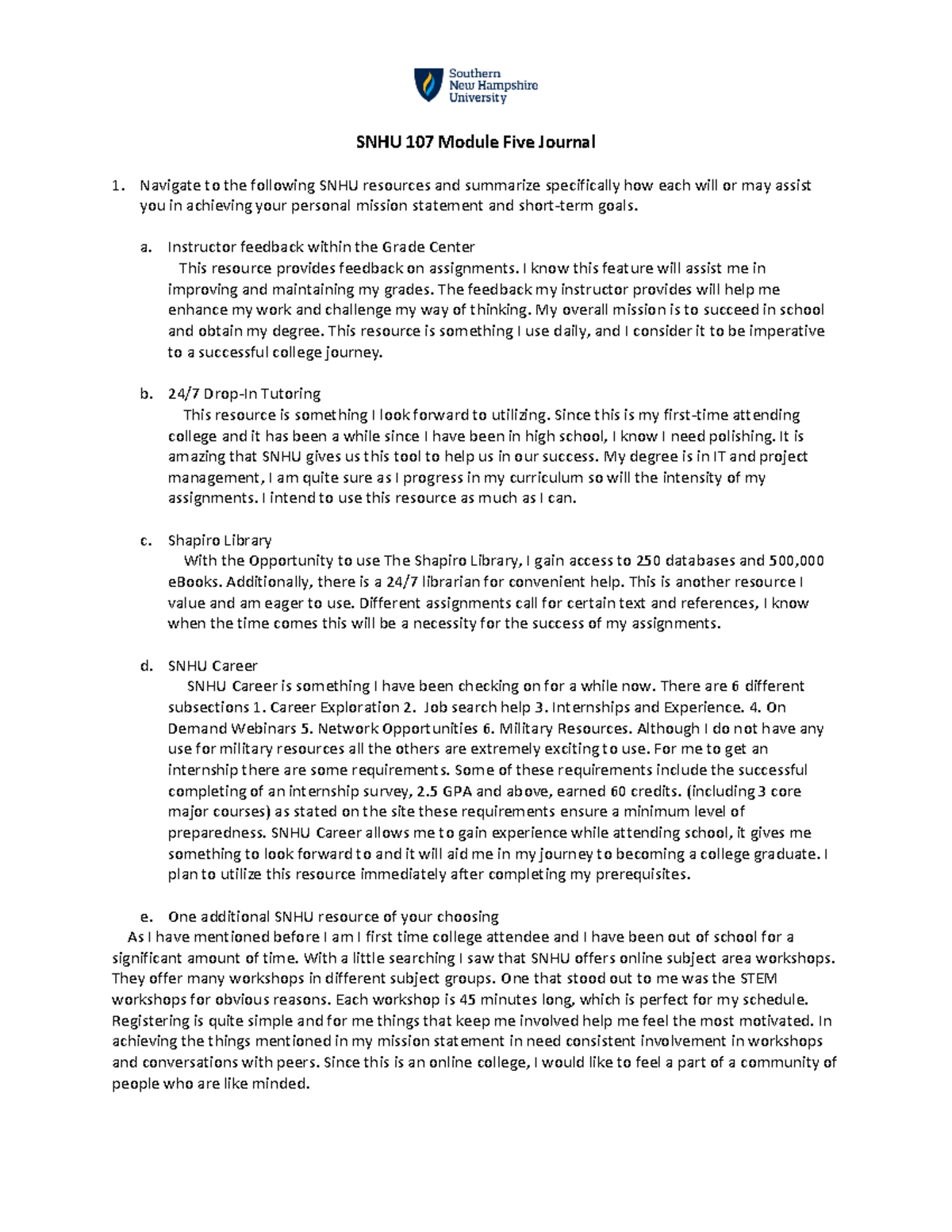 SNHU 107 Module Five Journal - SNHU 107 Module Five Journal Navigate to ...