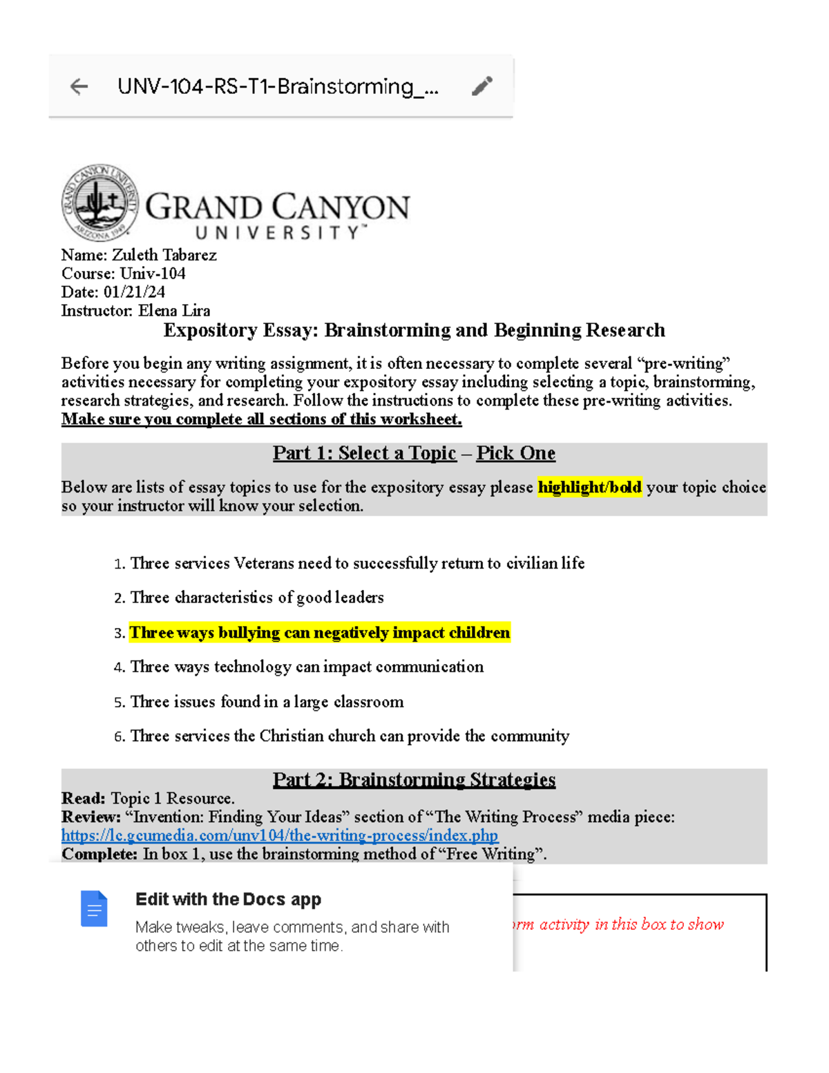 UNV-104-RS-T1-Brainstorming and Beginning Research Worksheet - Name ...