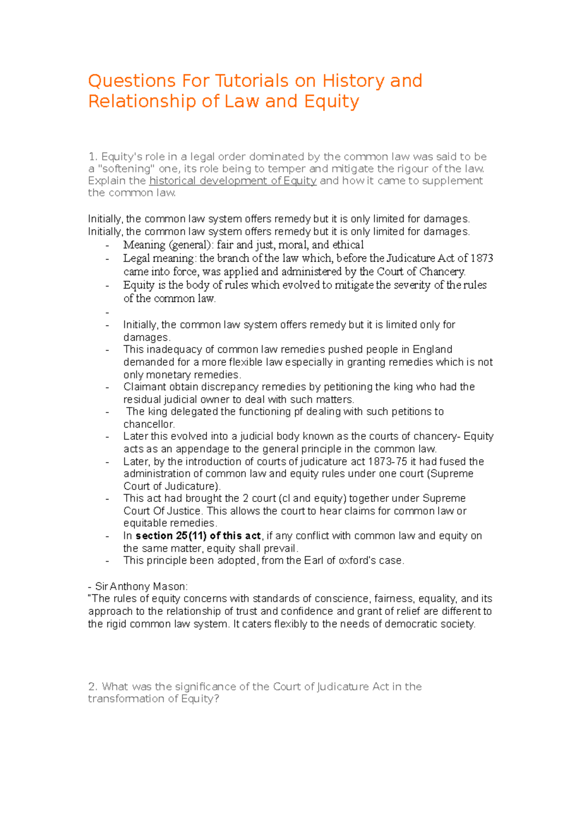 Questions For Tutorials on History and Relationship of Law and Equity ...