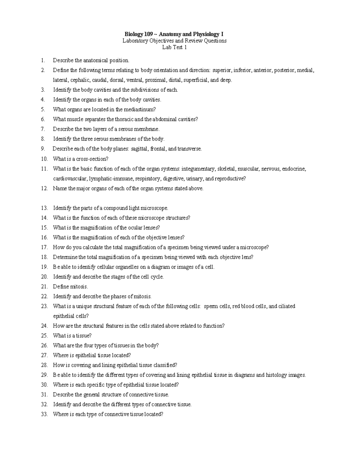 Study Guide Lab Test 1 - Biology 109 ~ Anatomy and Physiology I ...