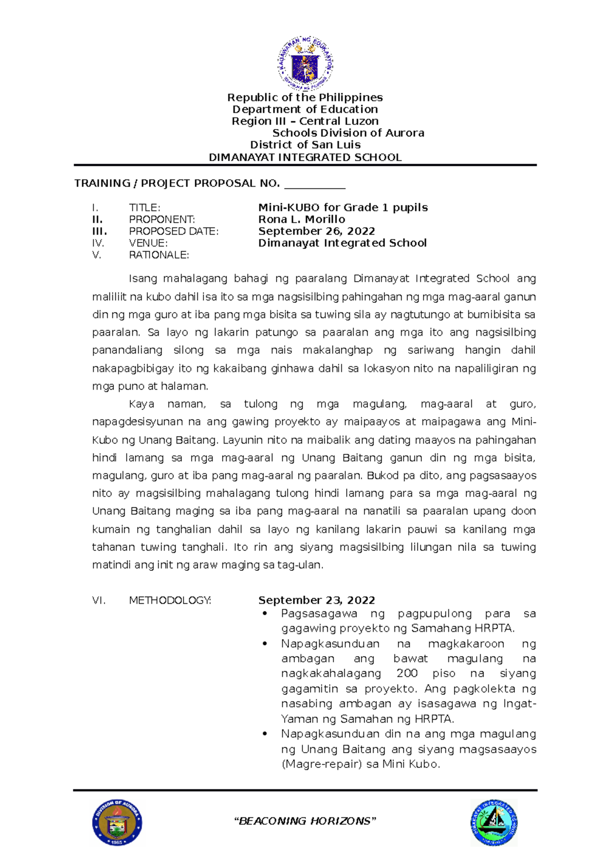 Project Proposal Grade 1 Mini Kubo Rona Morillo - Republic of the ...