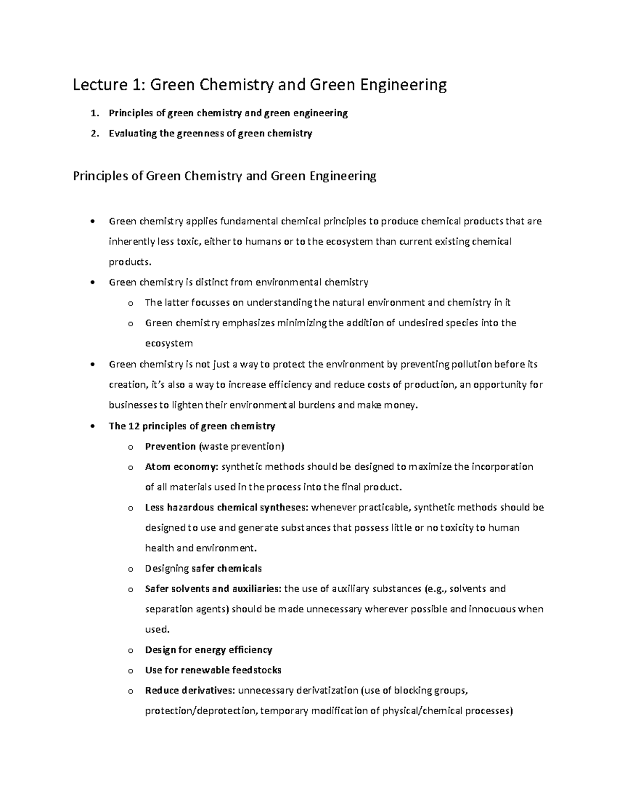 Summary green chemistry - Lecture 1: Green Chemistry and Green ...