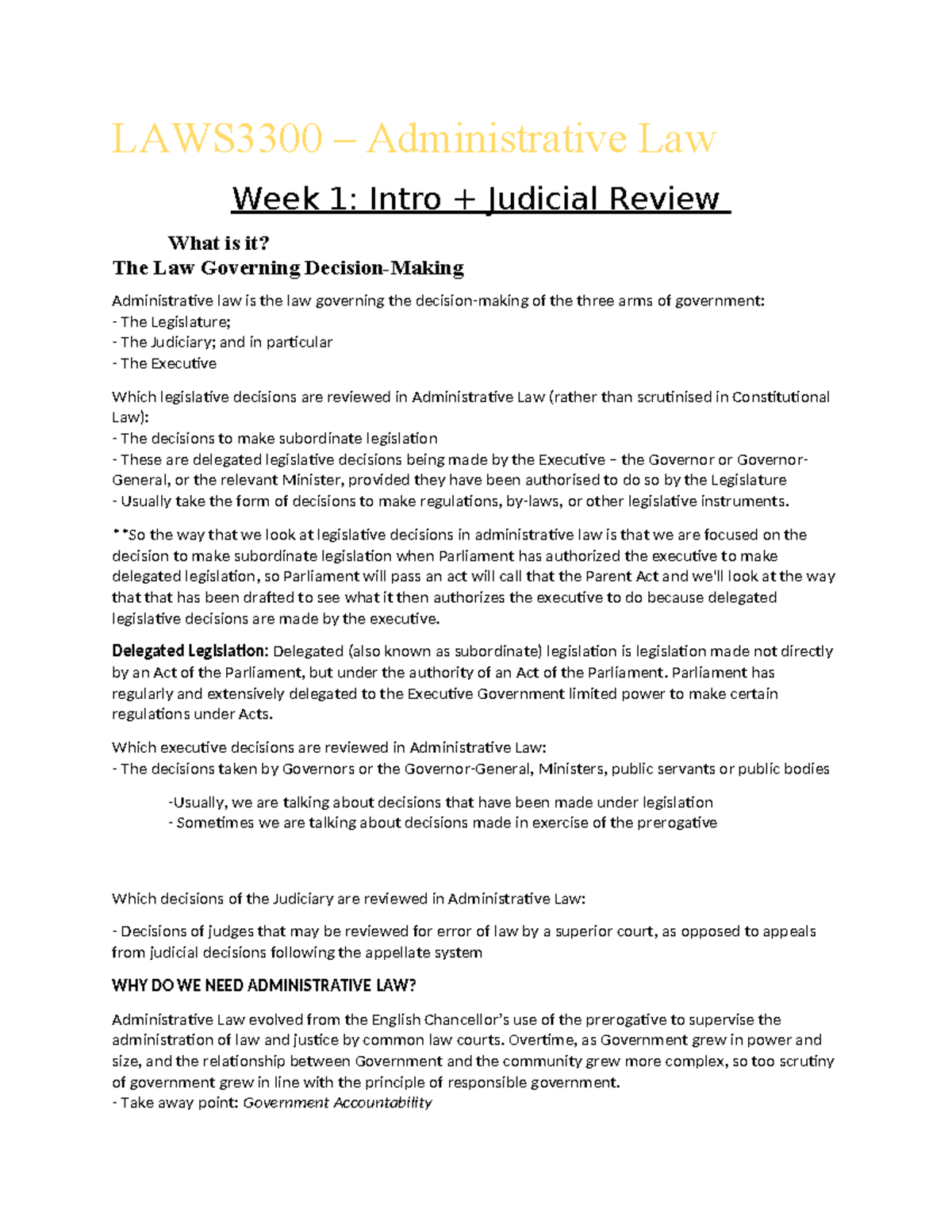 LAWS3300 Notes - LAWS3300 – Administrative Law Week 1: Intro + Judicial ...