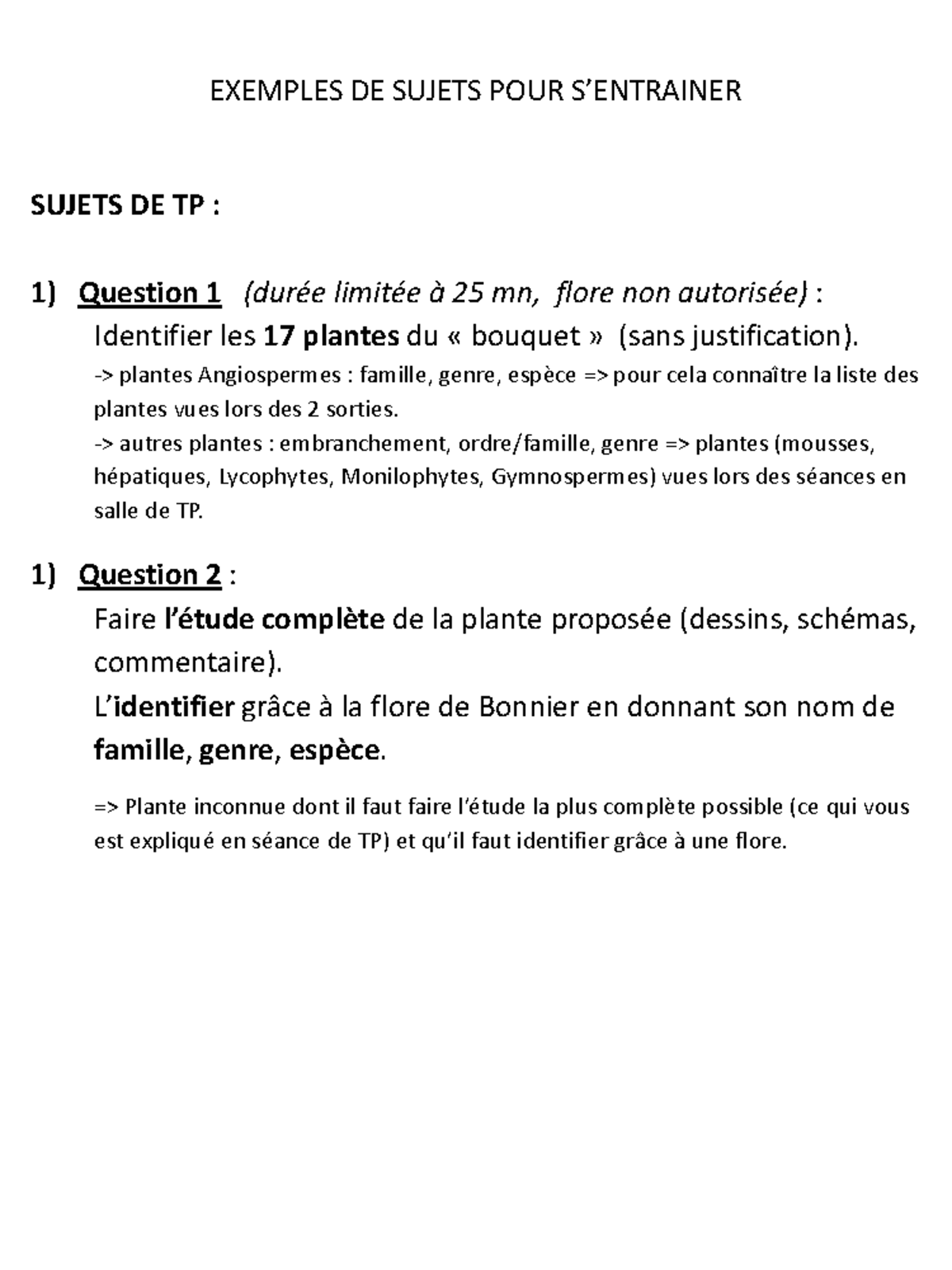 Exemples sujets TP BOTA et CM Daviero - SUJETS DE TP : 1) Question 1 ...