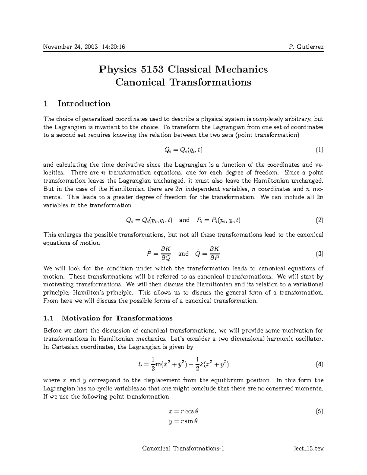 Lect 15 - .................. - Physics 5153 Classical Mechanics Canonical Transformations 1 ...