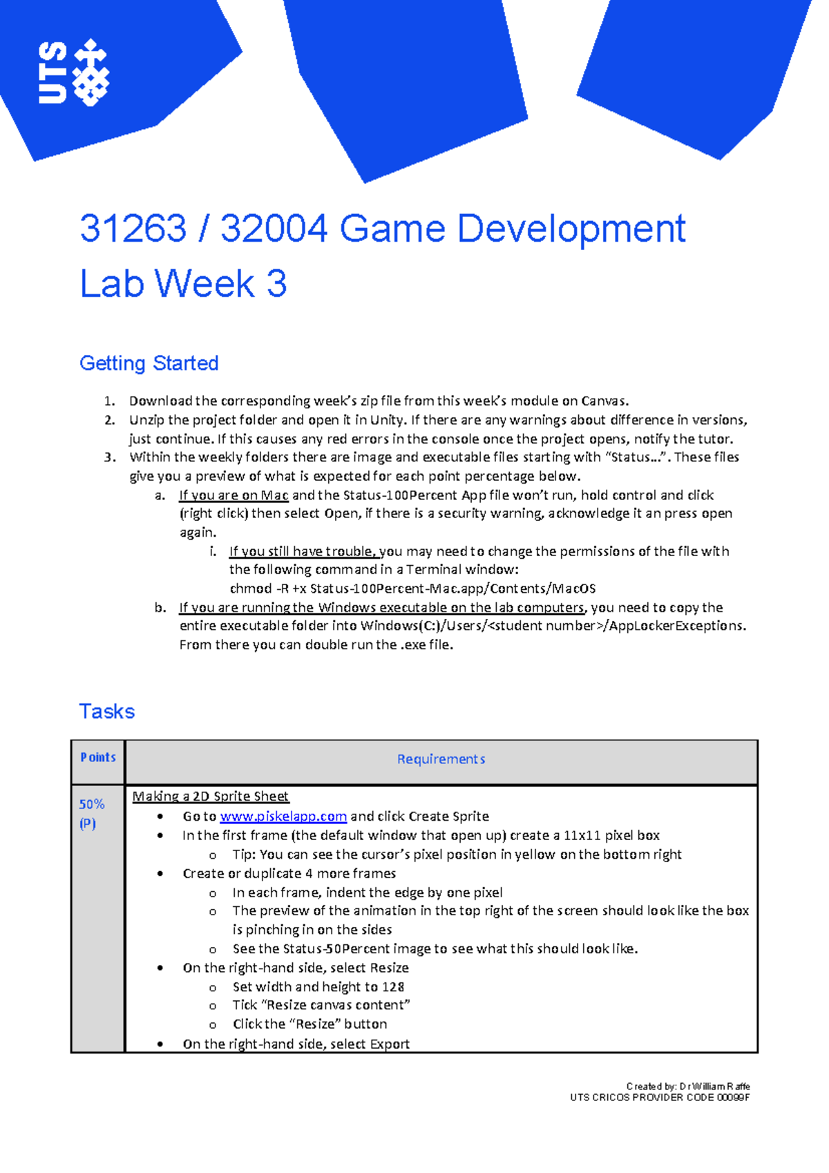 Lab Week 3 - 2D Animation - Created by: Dr William Raffe 31263 / 32004 ...