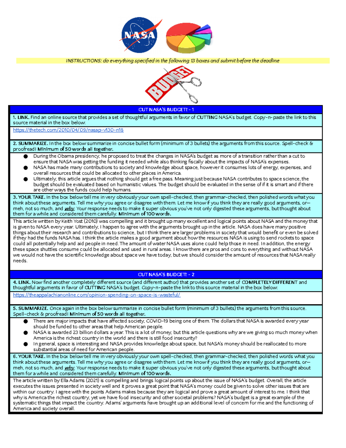 CUT or Increase NASA'S Budget - INSTRUCTIONS: do everything specified ...