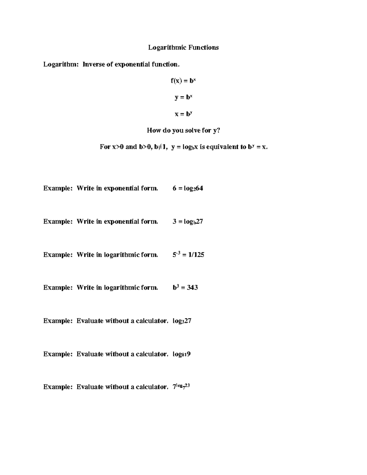 Section 3.2 practice materials - Logarithmic Functions Logarithm ...