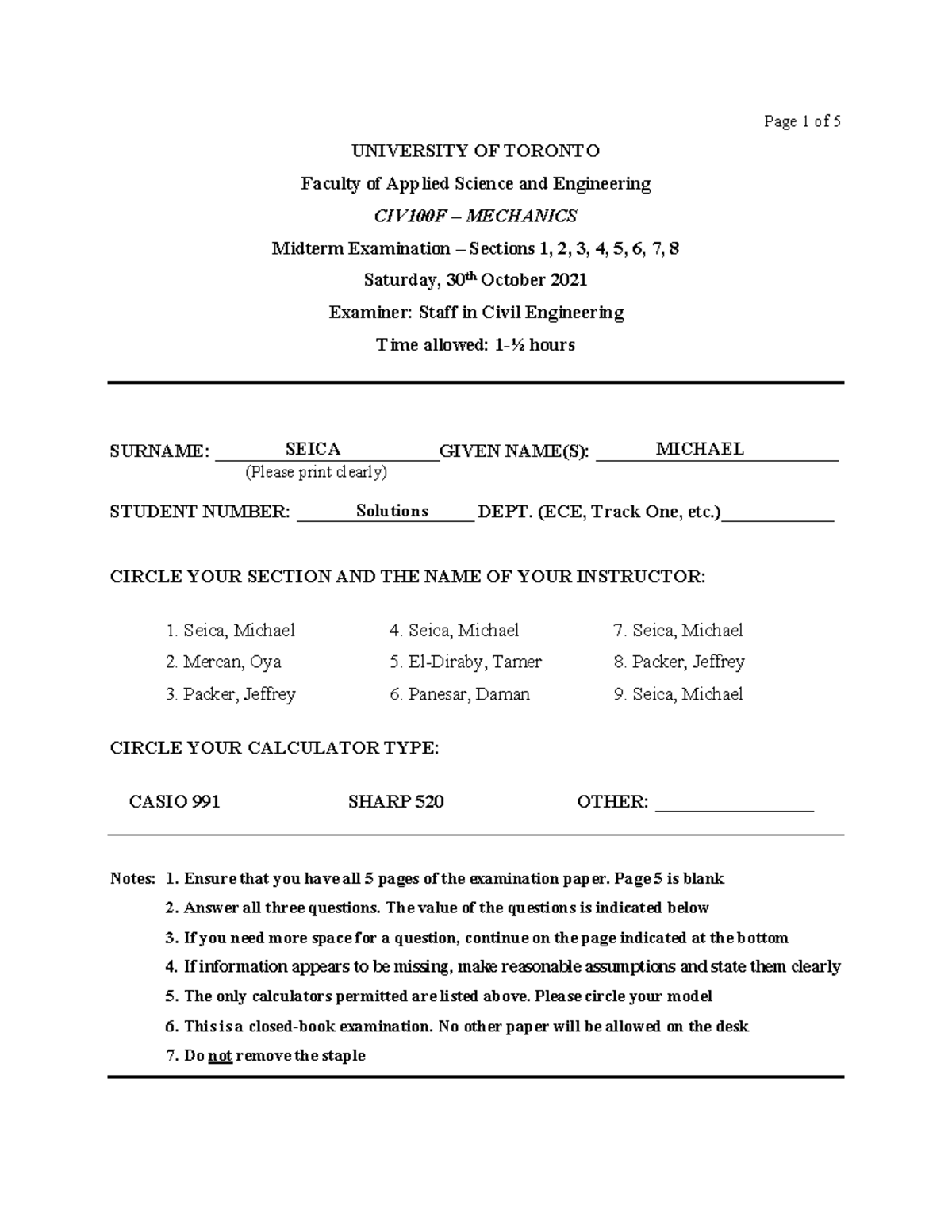 2021 - University of Toronto Mechanics Midterm Paper Solution - Page 1 ...