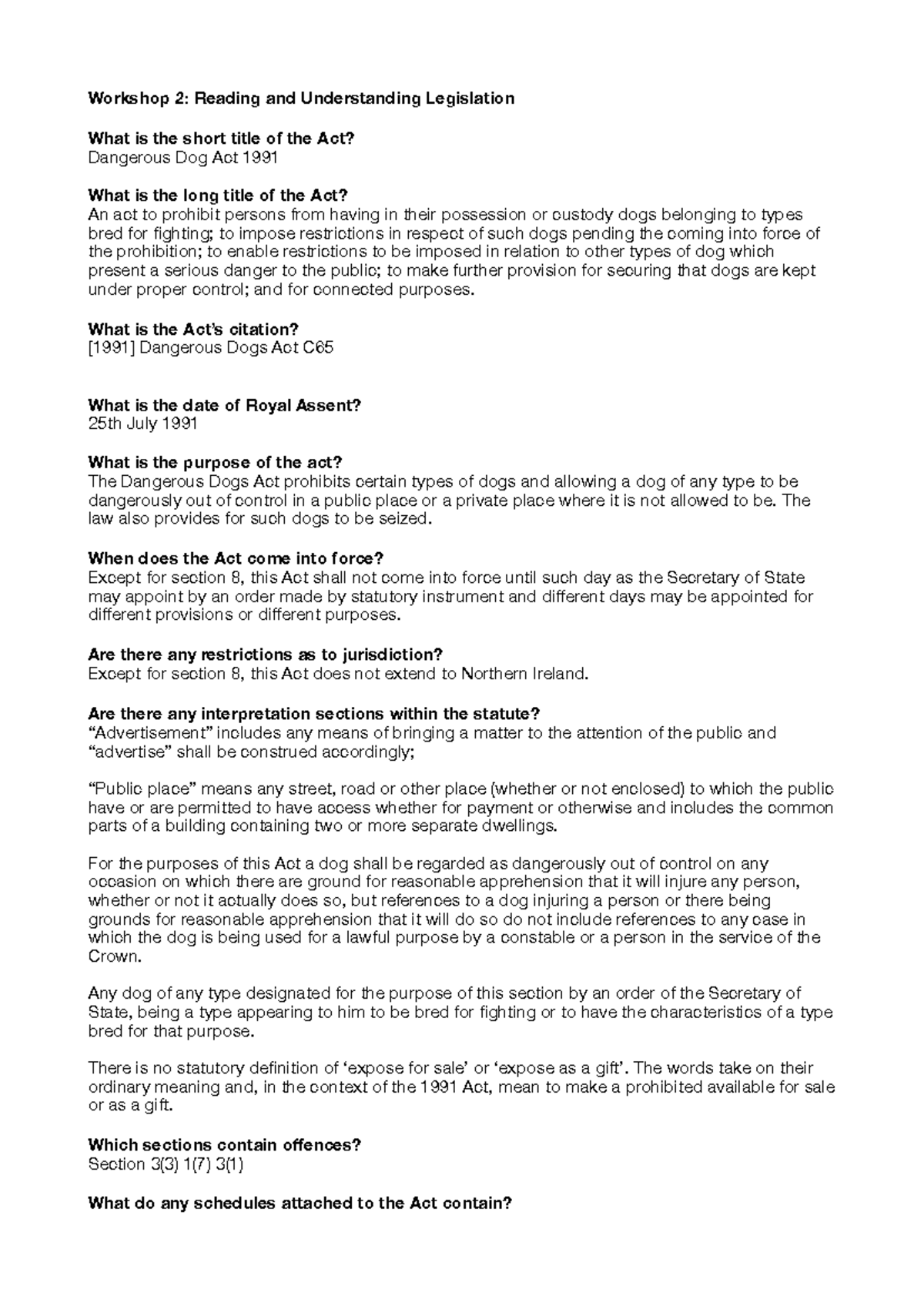 Workshop 2 - Dangerous Dog Act 1991 - Workshop 2: Reading and ...