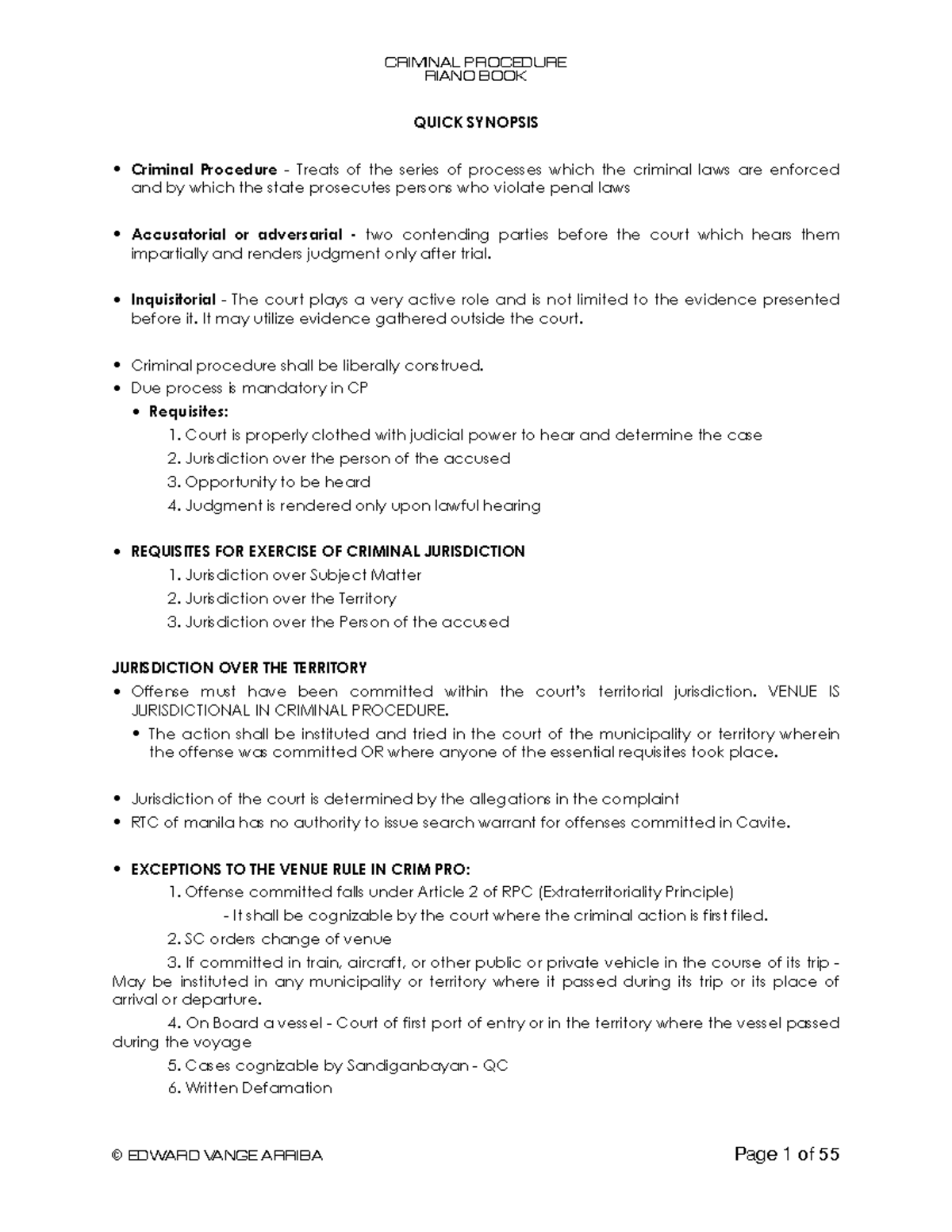 Crim Pro Synopsis-Riano - RIANO BOOK QUICK SYNOPSIS • Criminal ...