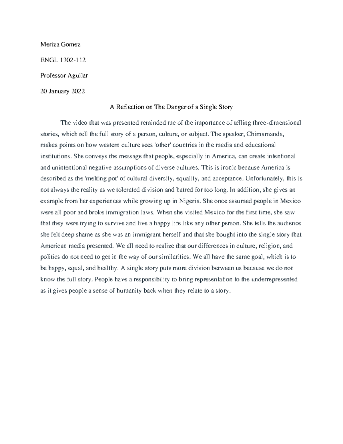 A Reflection on The Danger of a Single Story - The speaker, Chimamanda ...